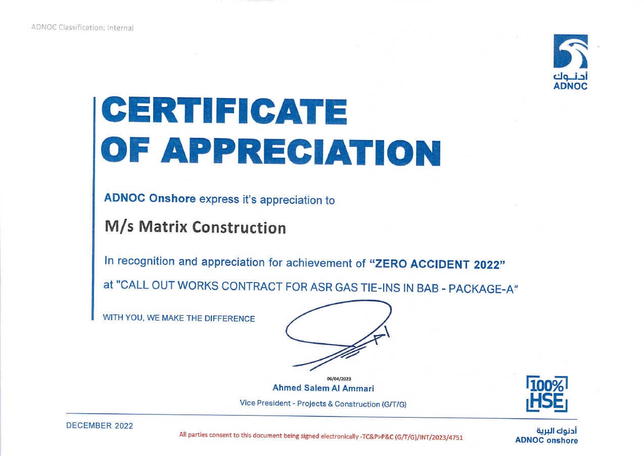 Matrix Construction Receives Certificate Of Appreciation For Achievement Of “zero Accident 2022